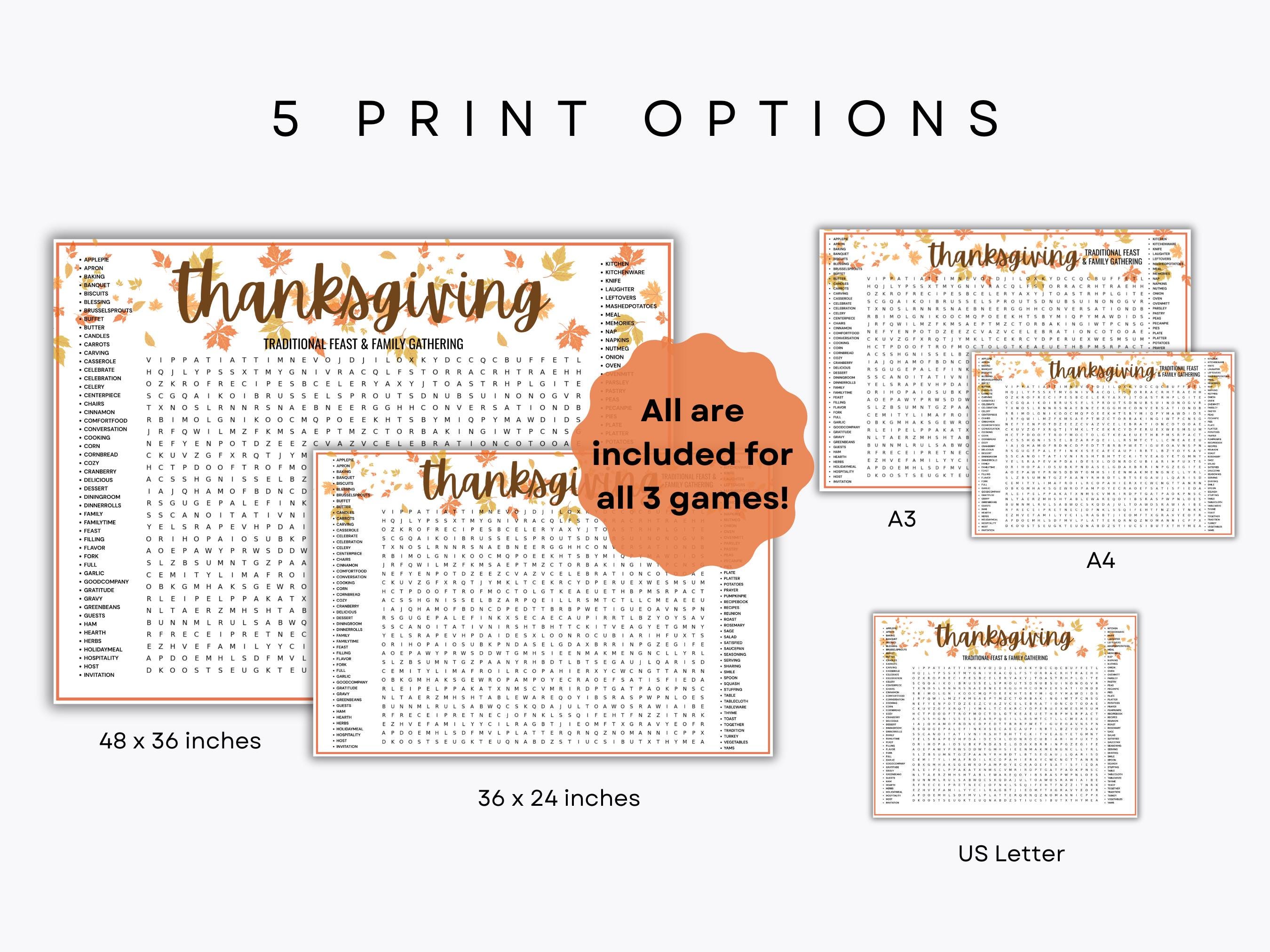 Giant XXL Thanksgiving Word Search Game - 100 Words - 3 Printable ...