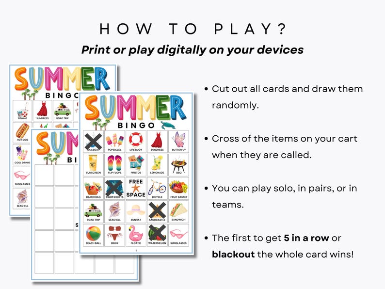 Summer Bingo – 30 Cards – Printable Summer Game – Entertaining Activity ...