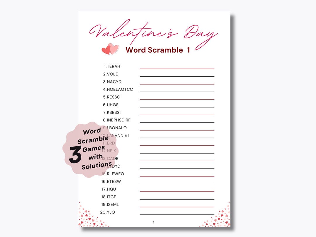 3 Valentine's Day Word Scramble Games - 3 Printable Puzzles - Party Fun ...