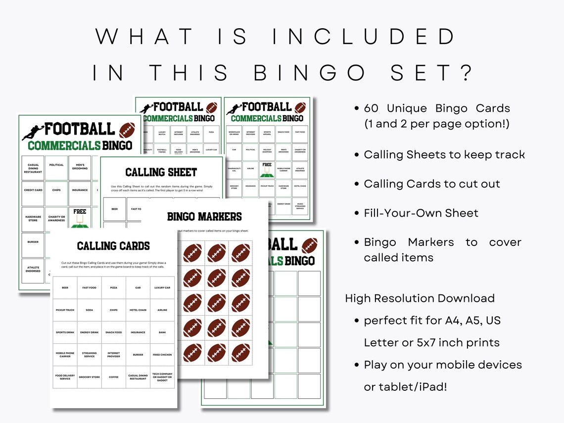 Football Bingo Game - 60 Unique Prefilled Bingo Sheets - Game Day ...