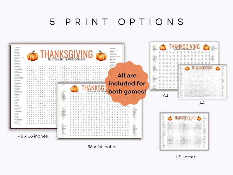 Giant XXL Thanksgiving Word Search Game - 100 Words - 3 Printable ...