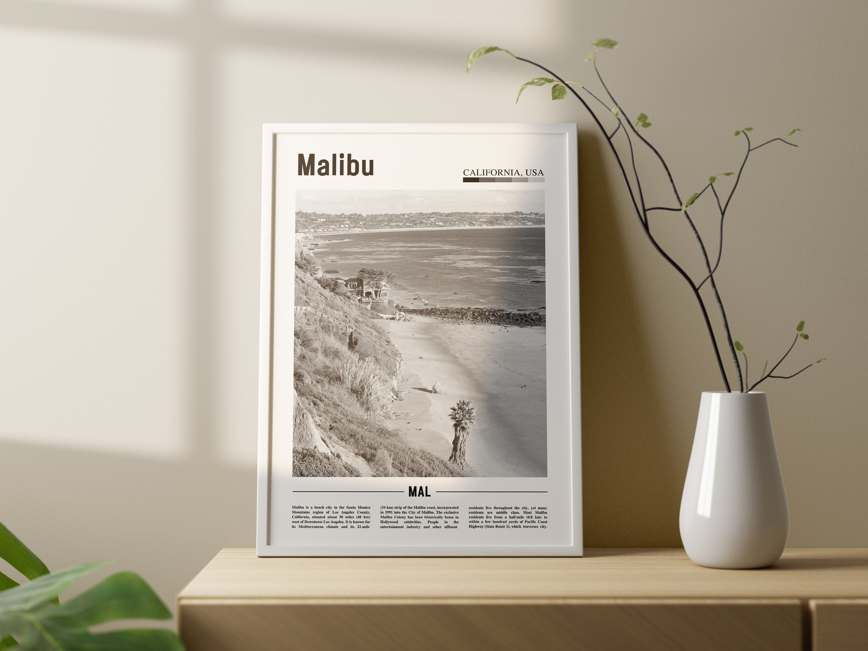 Malibu Poster Black and White, Malibu Print Black and White, Malibu ...