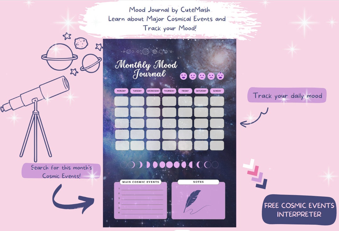 Monthly Mood Tracker Printable, Yearly Monthly Mood Planner, Cosmic ...