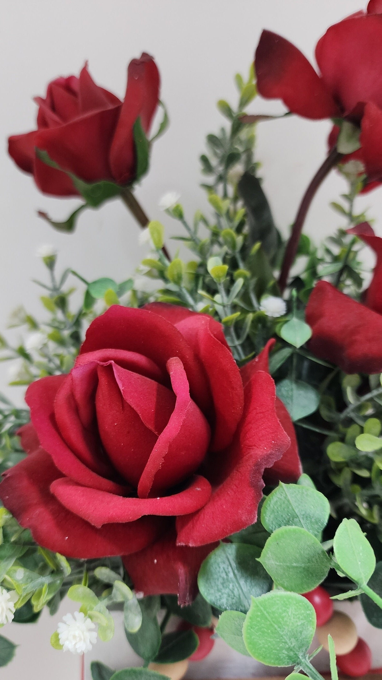 Realistic Dark Red Rose Flower Arrangement, Faux Flower Centerpiece ...