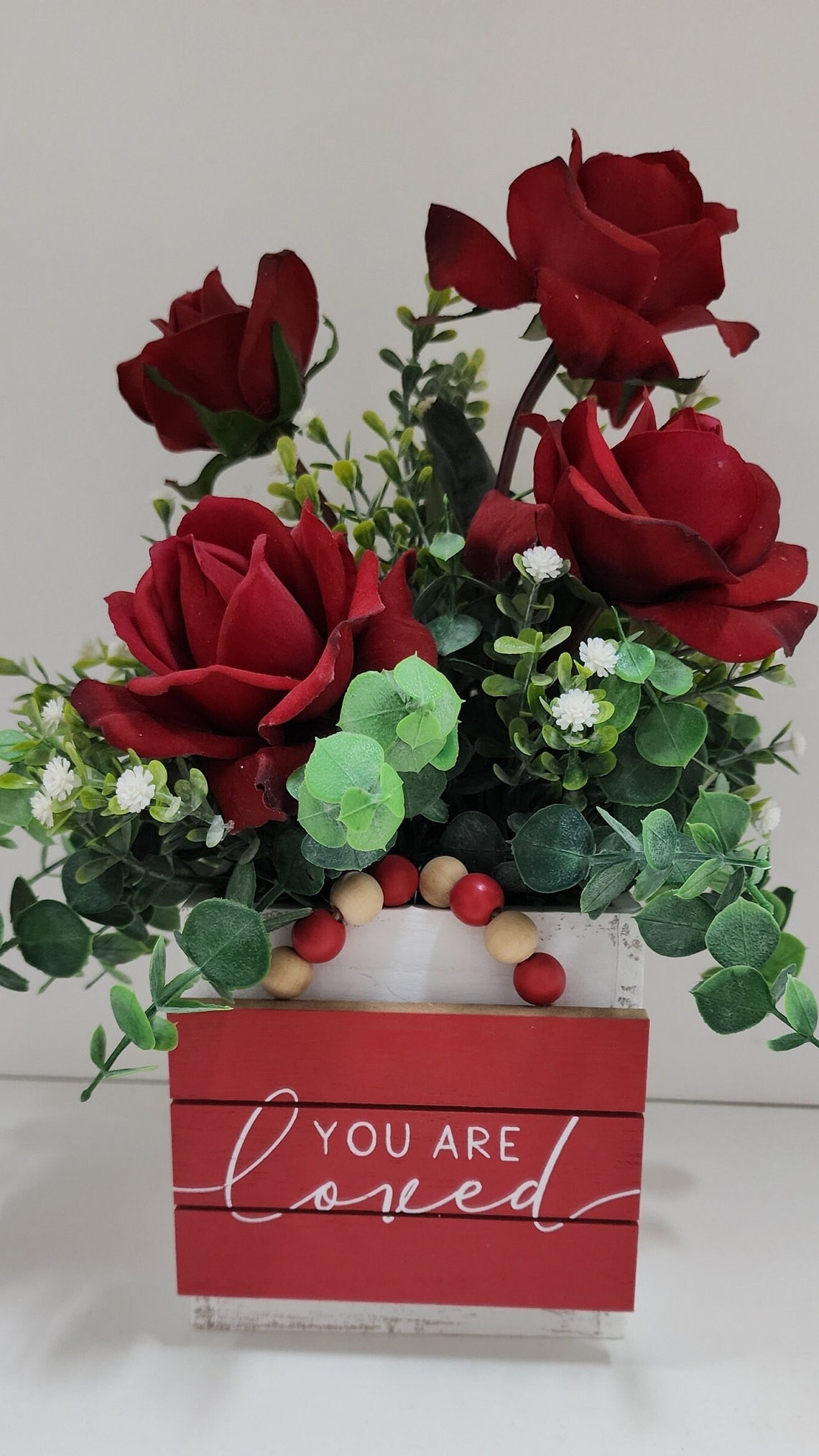 Realistic Dark Red Rose Flower Arrangement, Faux Flower Centerpiece ...