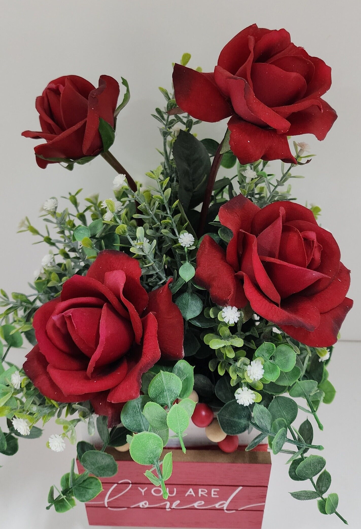 Realistic Dark Red Rose Flower Arrangement, Faux Flower Centerpiece ...