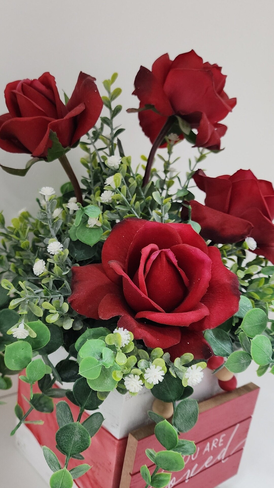 Realistic Dark Red Rose Flower Arrangement, Faux Flower Centerpiece ...
