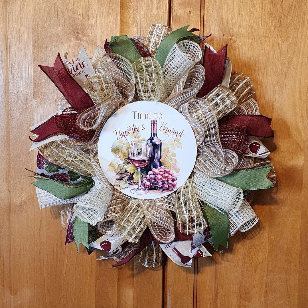 Mini Pixie Wine Wreath With Burgundy Cream and Gold Mesh and a Sign ...