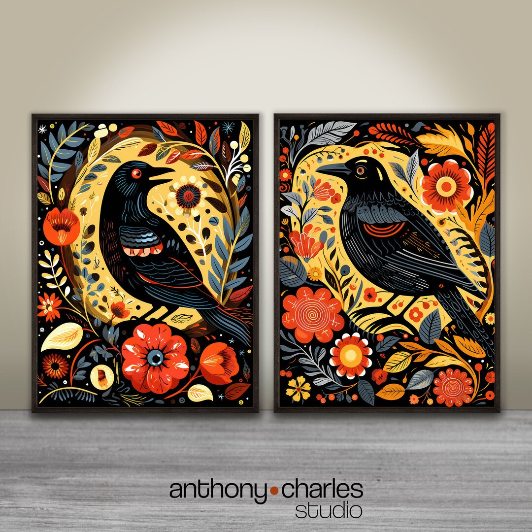 Colorful Black Raven Set of Two Prints, Folk Art Style Background, Gift ...