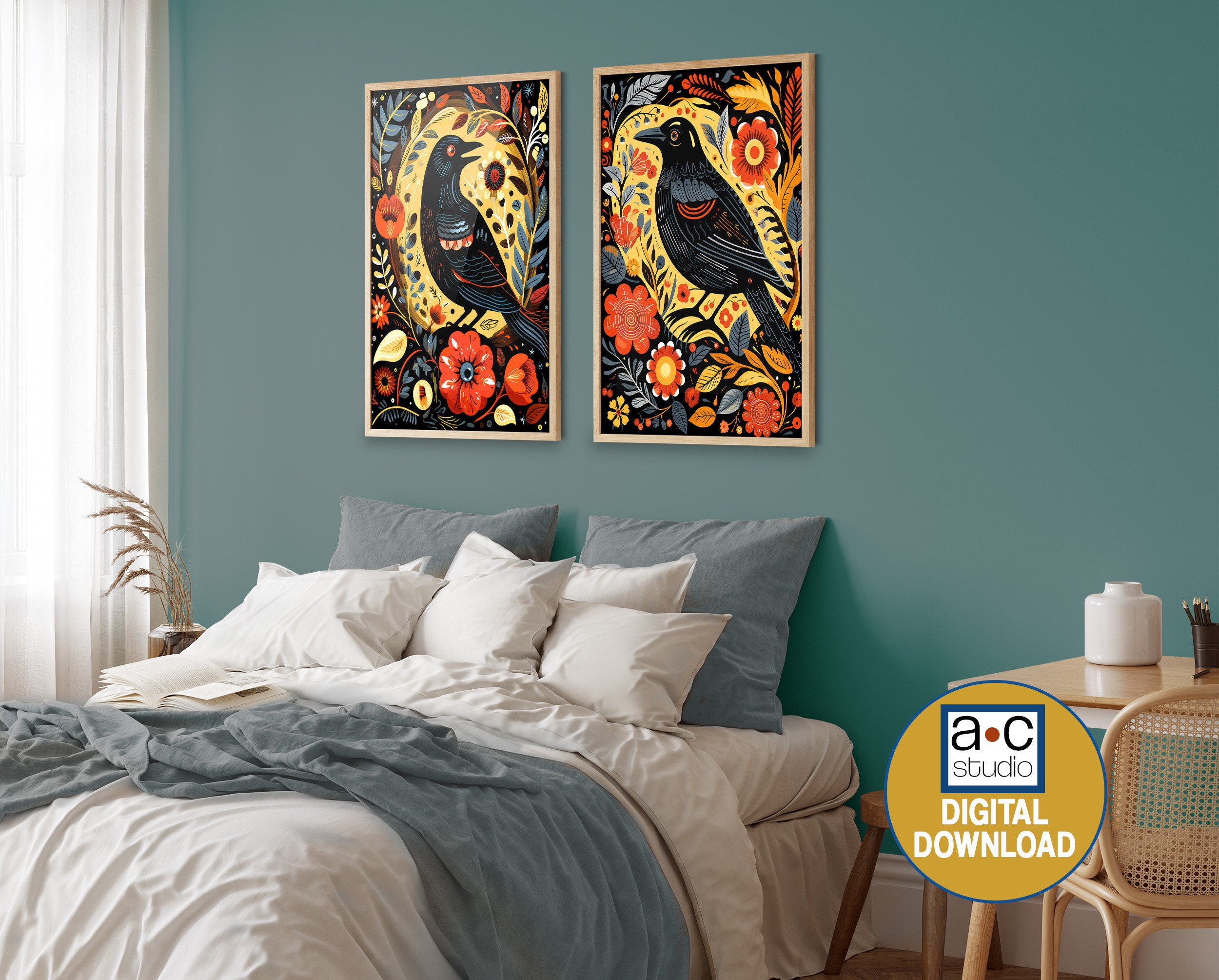 Colorful Black Raven Set of Two Prints, Folk Art Style Background, Gift ...