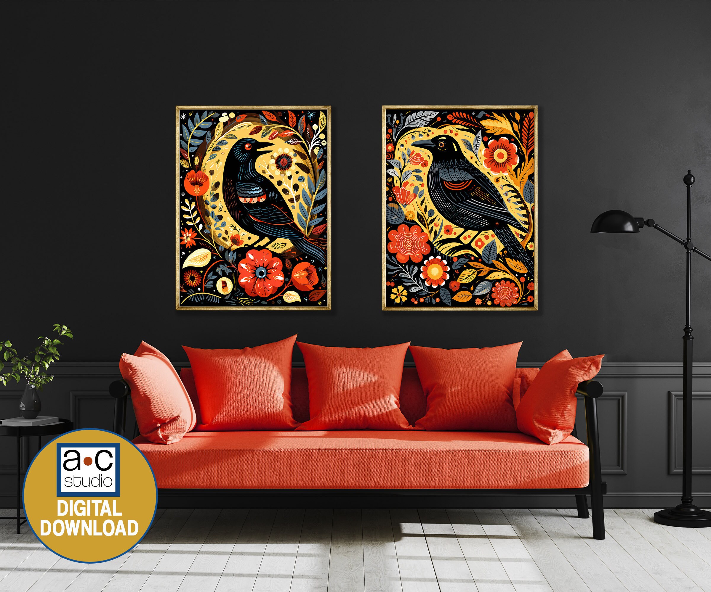 Colorful Black Raven Set of Two Prints, Folk Art Style Background, Gift ...