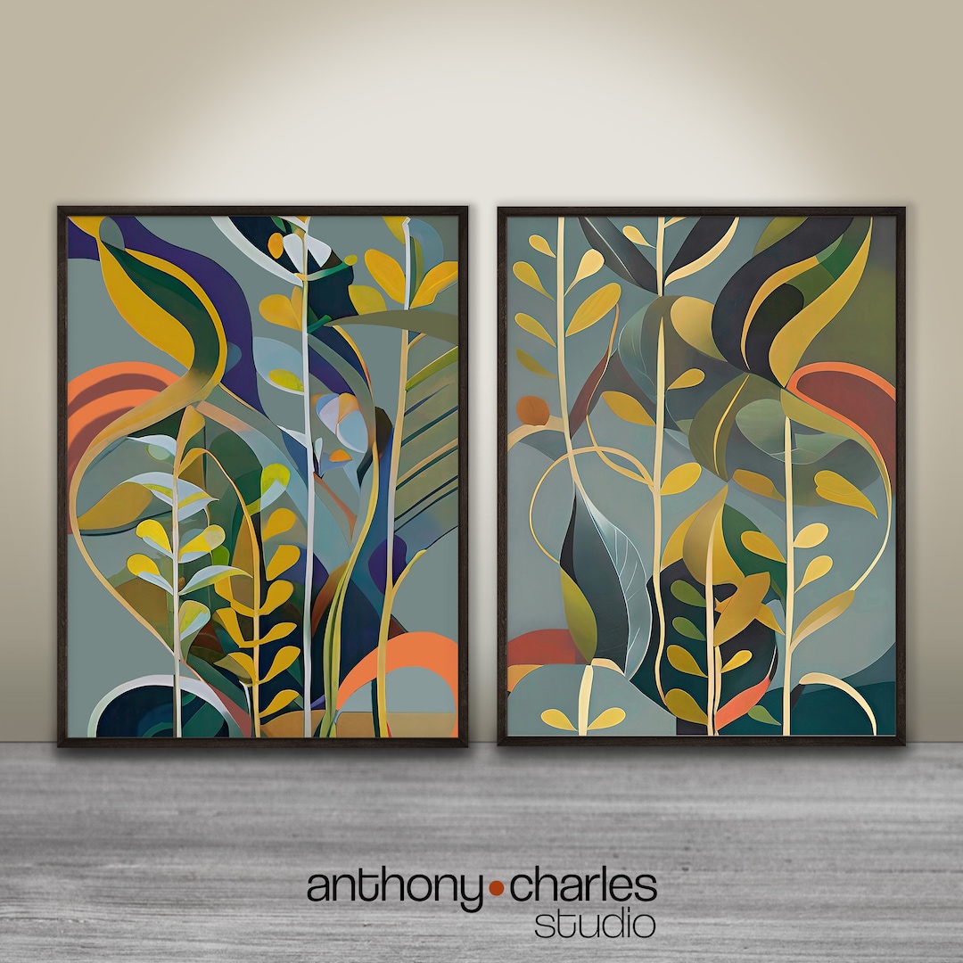 Midcentury Modern Abstract Botanical Wall Art, Set of 2 Prints, Earth ...