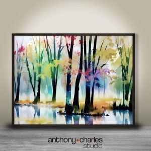 Misty Watercolor Forest Trees Landscape, Sunlight Watercolor, Colorful ...