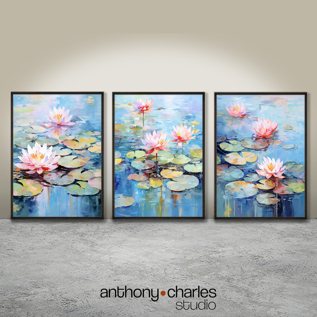 Water Lilies Prints, Set of Three in Pink, Blue and Green, Monet ...