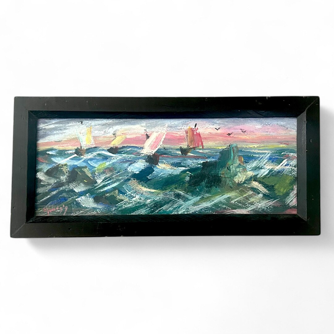 Original 1970’s Oil Painting Abstract Boating Ocean Waves, Vintage ...