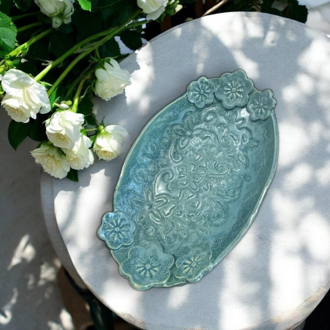 Large Ceramic Bowl, Handcrafted Floral Textured Green Bowl, Table ...