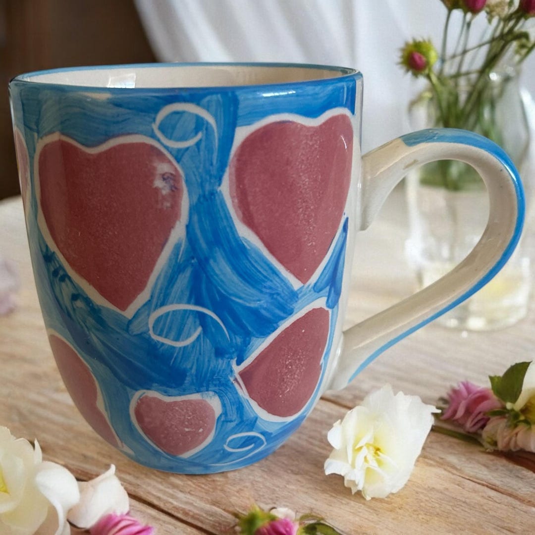 Heart Shape Pink Handpainted K.I.C. Coffee Mug Brushes, Pink and Blue ...