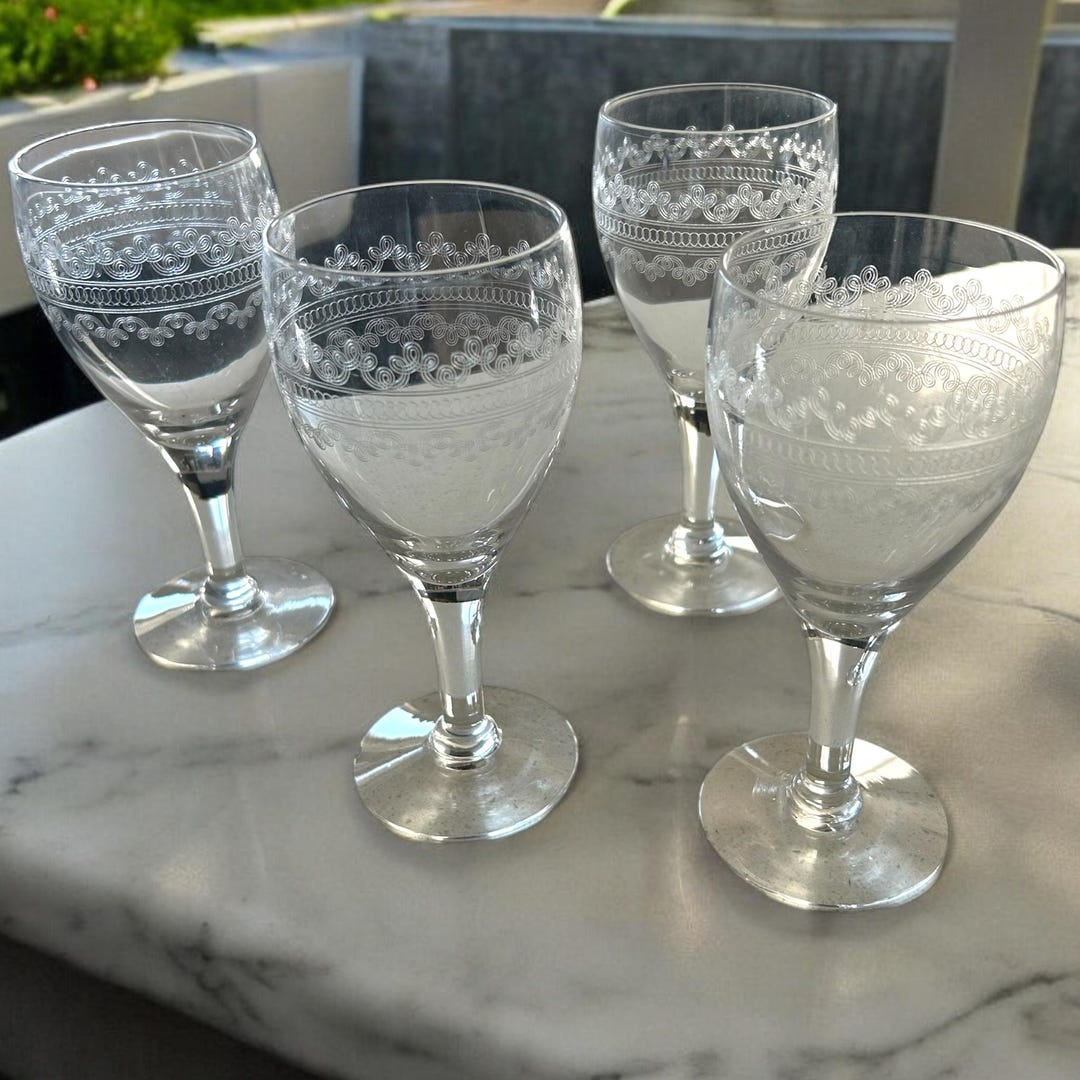1930 Needle Etch 259 Stem Optic Water / Wine Goblets, Tiffin 13633 Stem ...