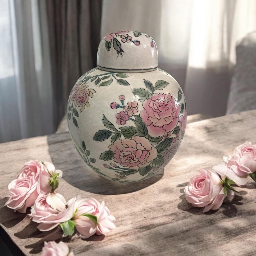 Vintage Chinese Chinoiserie Pink Roses Ceramic Ginger Jar. Asian ...