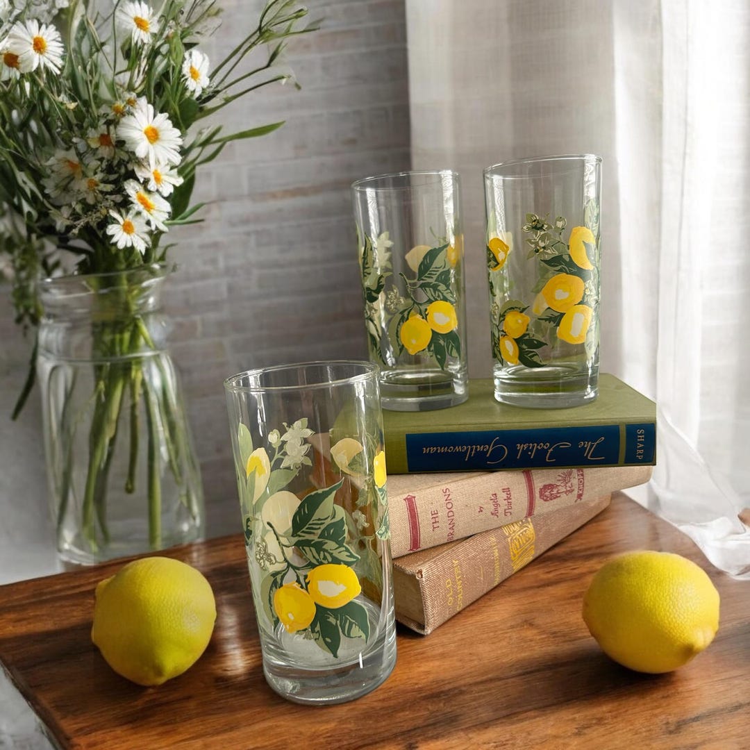 Vintage Set of 3 Lemon Drinking Glasses, Libbey Painted LEMONS 16.3 Oz ...