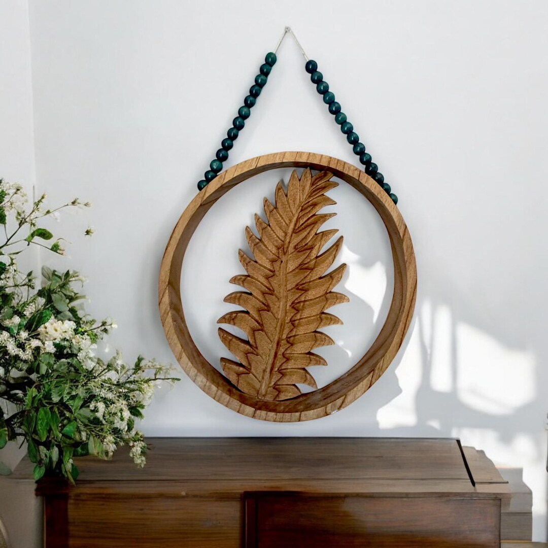 Vintage Wood Carved Large Leaf Round Frame Green Wood Beaded Hanging ...