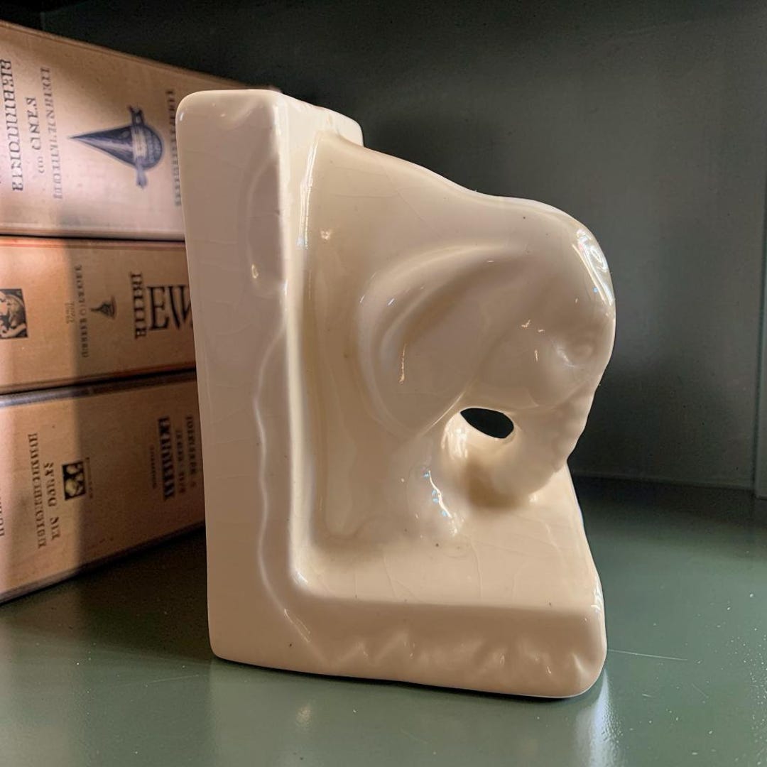 Vintage Mid-century Modern White Ceramic Elephant Bookend – Glazed ...