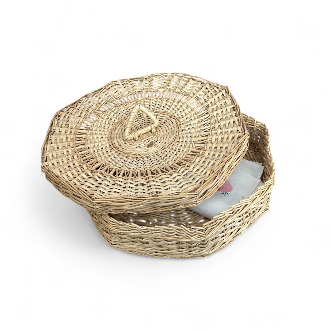 Hexagon Vintage 8-sided Shallow Wicker Box/tray With Lid, Large Storage ...