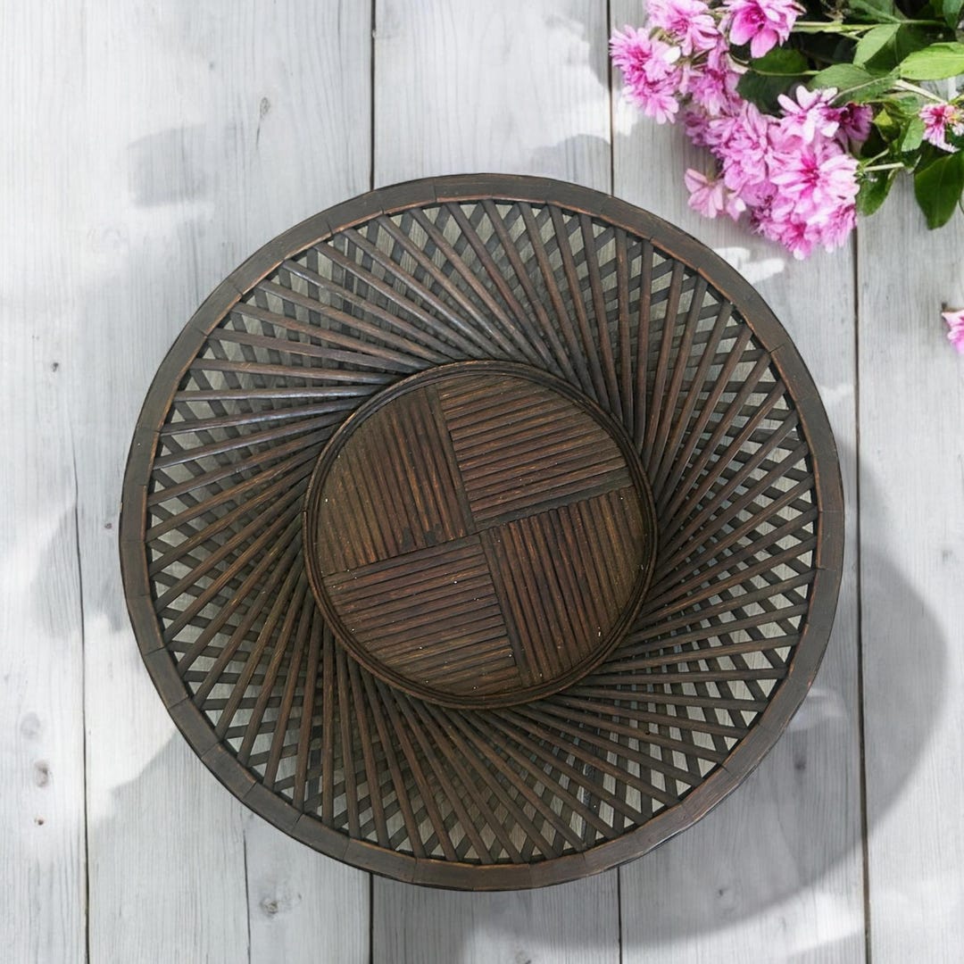 Vintage Chinese Shallow Round Basket Dark Brown Open Lattice Pattern ...