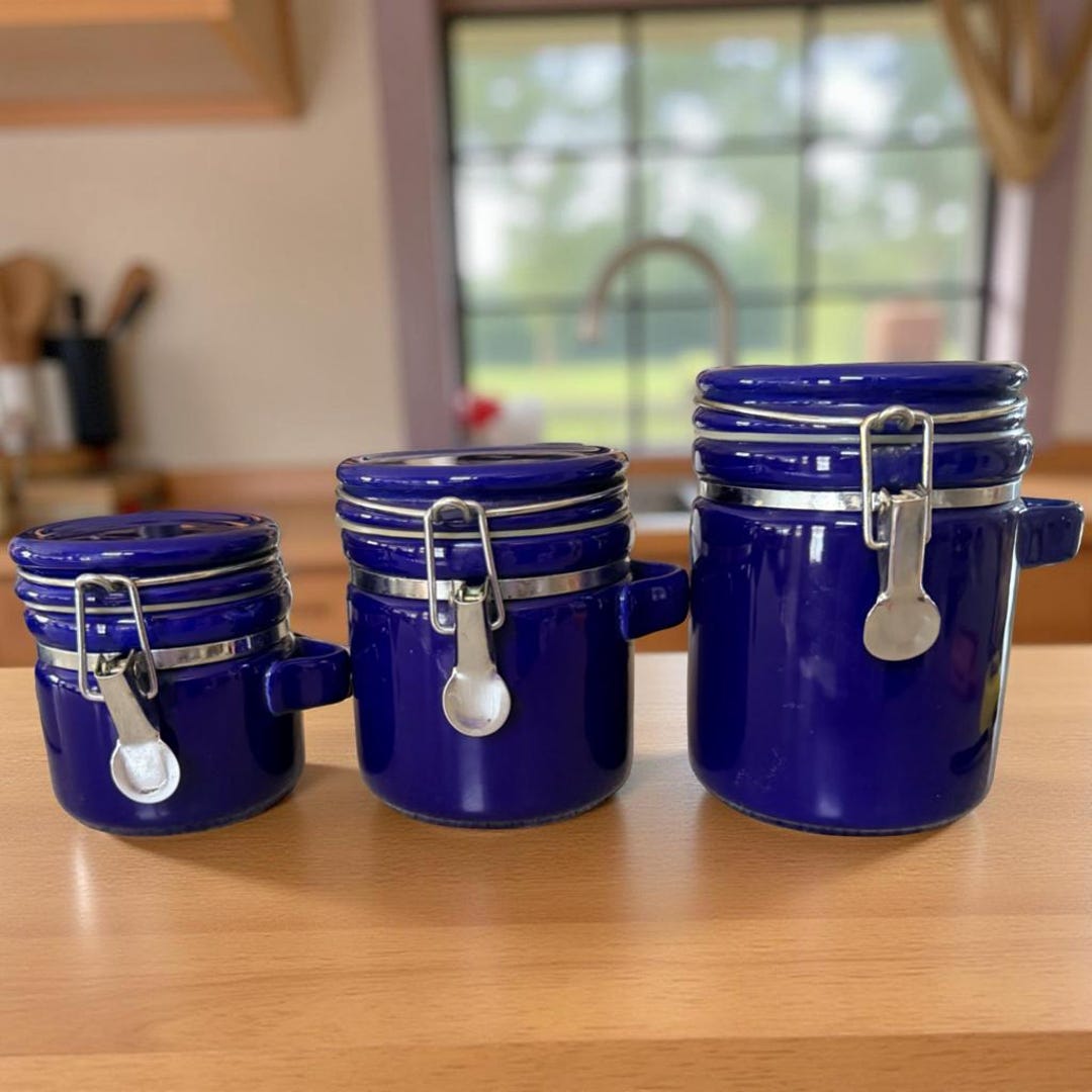 Cobalt Blue Ceramic Canister Set of 3 With Wire Bale Clasps | Airtight ...
