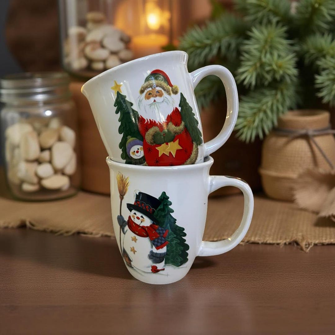 Vintage Set of 2 Christmas Mugs, Santa Mug, Snowman Coffee Mug Cup ...