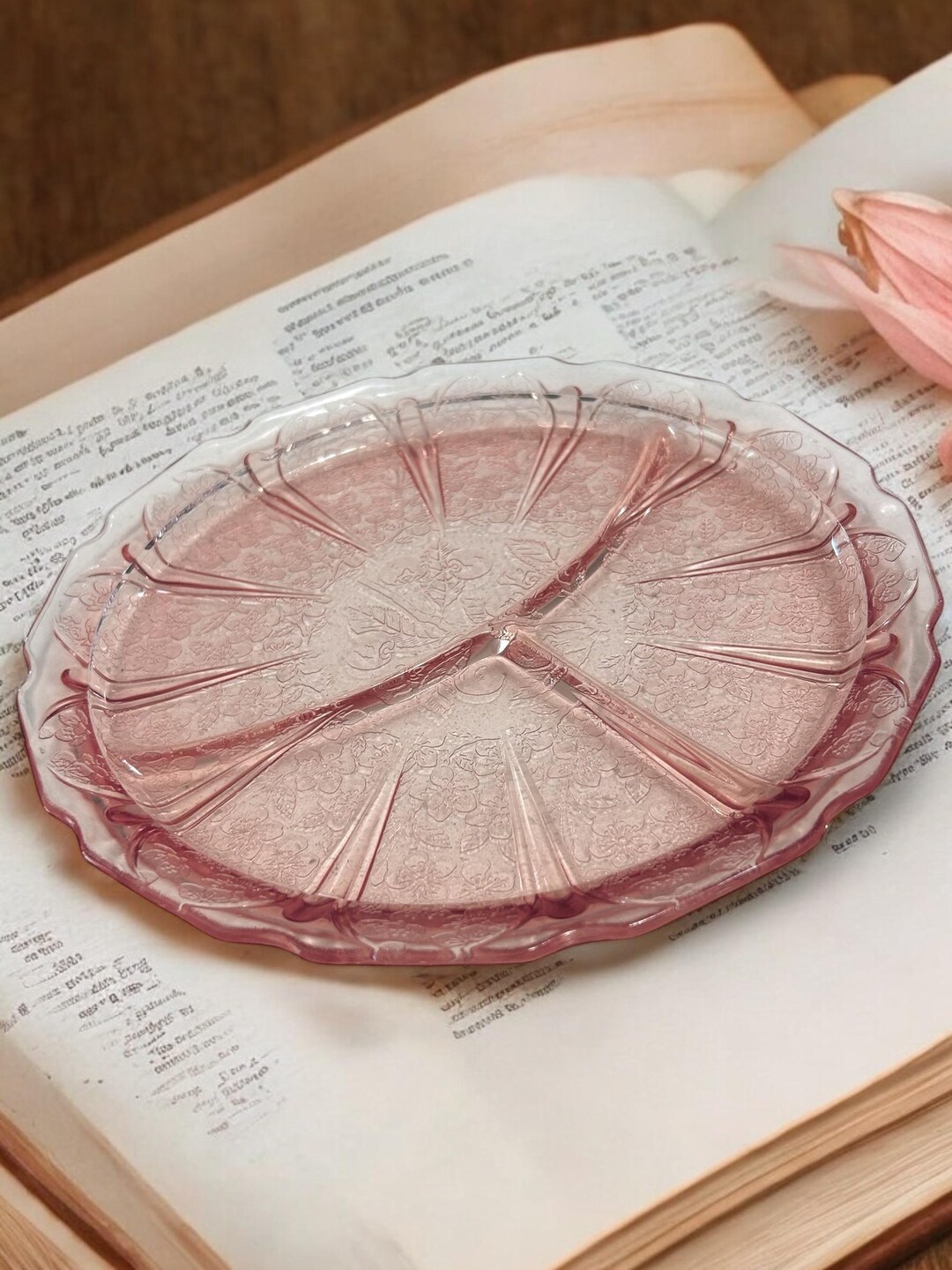 Vintage Pink Depression Glass Three Part Divided Round Grill Plate ...