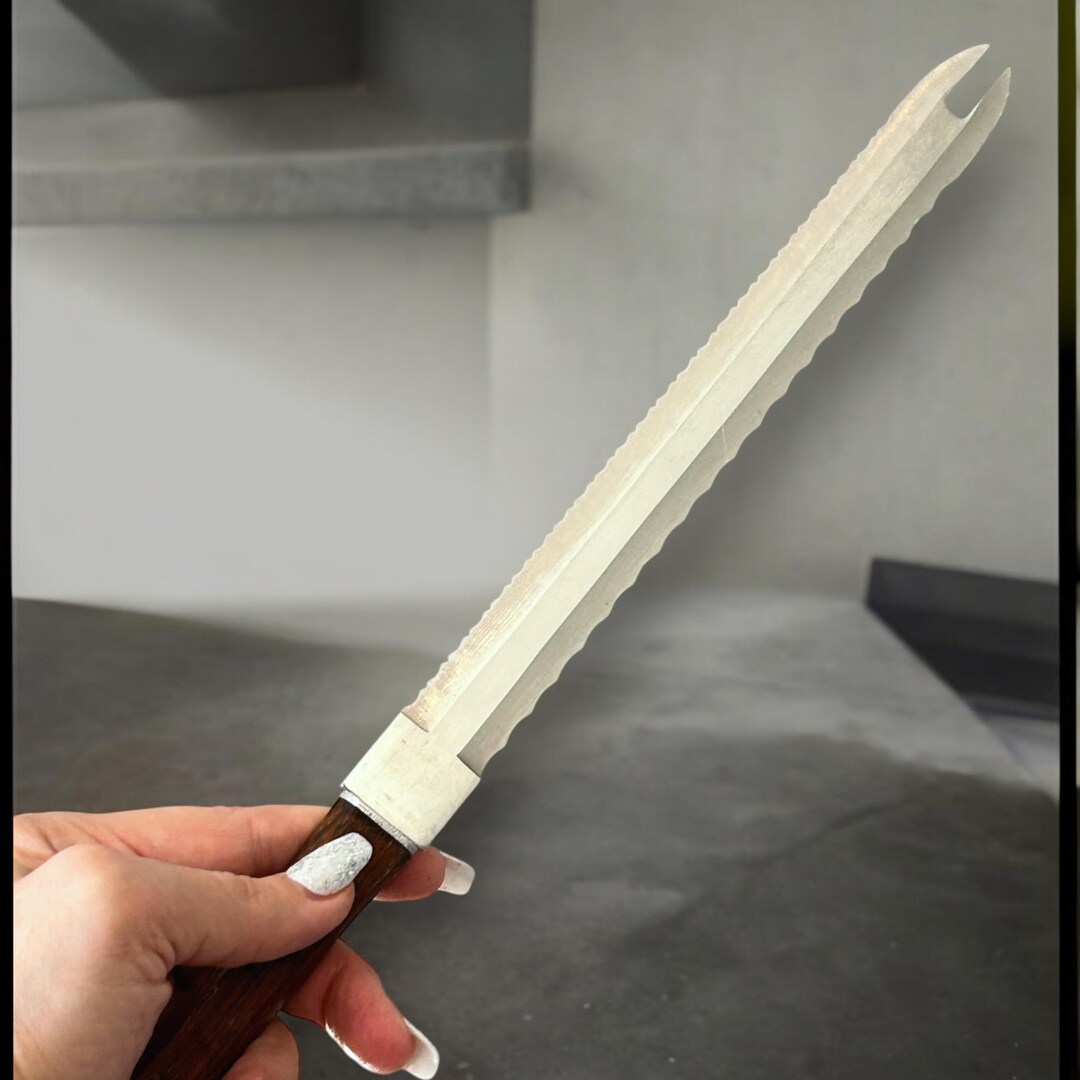 Vintage Double Side Serrated Knife Stainless Japan Wood Handle Forged ...