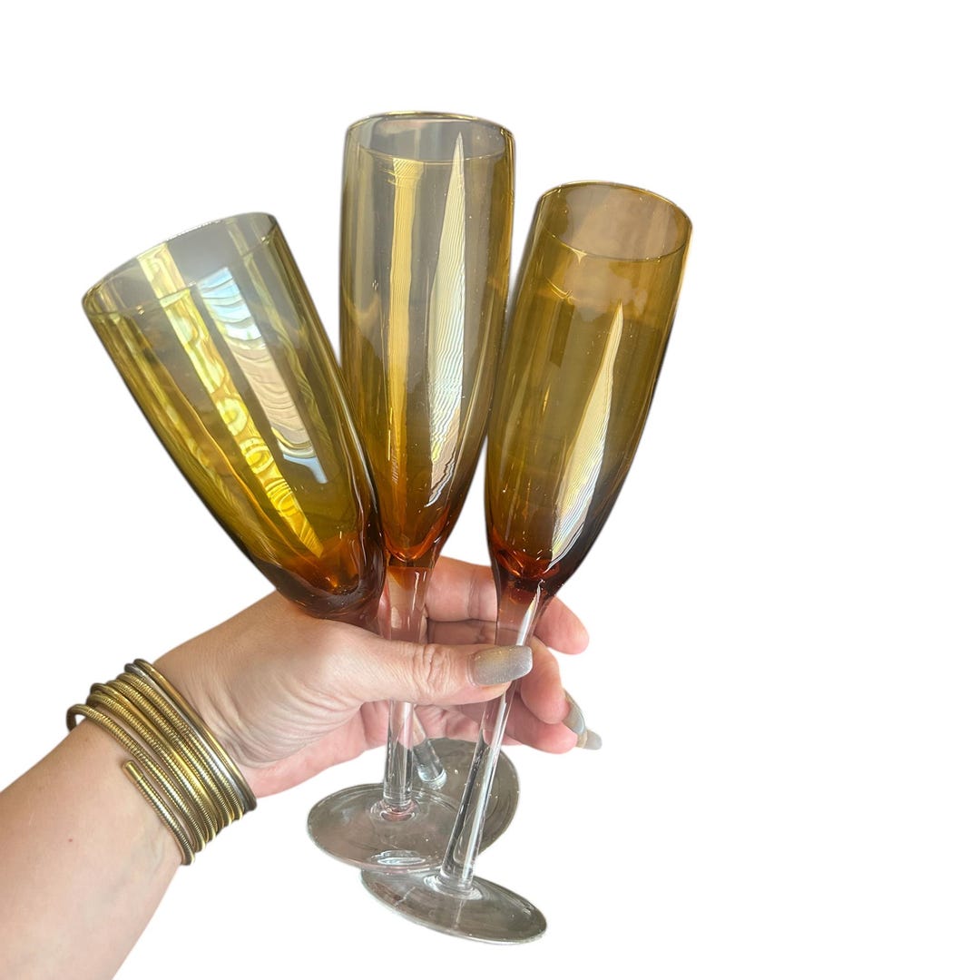 Amber Champagne Flutes Bell Shape Glasses W/ Clear Stems Holds 8oz. Set ...