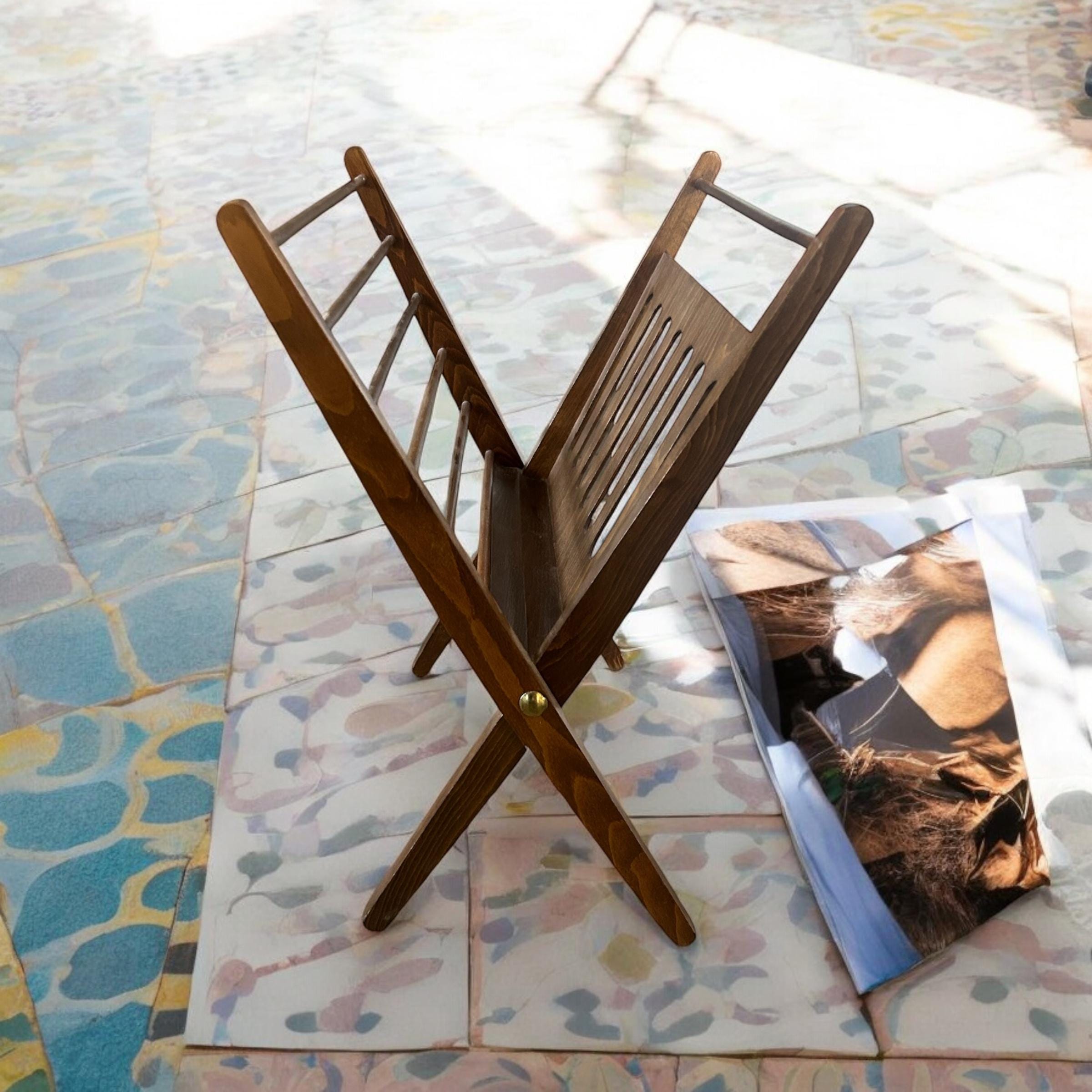 Vintage 60's MCM Magazine Newspaper Rack Folding Wood Mid Century ...