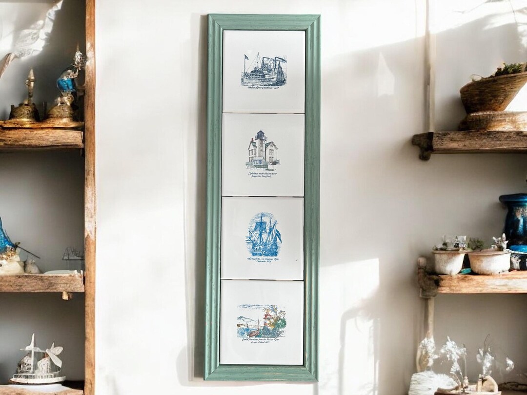 Vintage Nautical Tile Art, Ship & Lighthouse, Teal Frame - Etsy