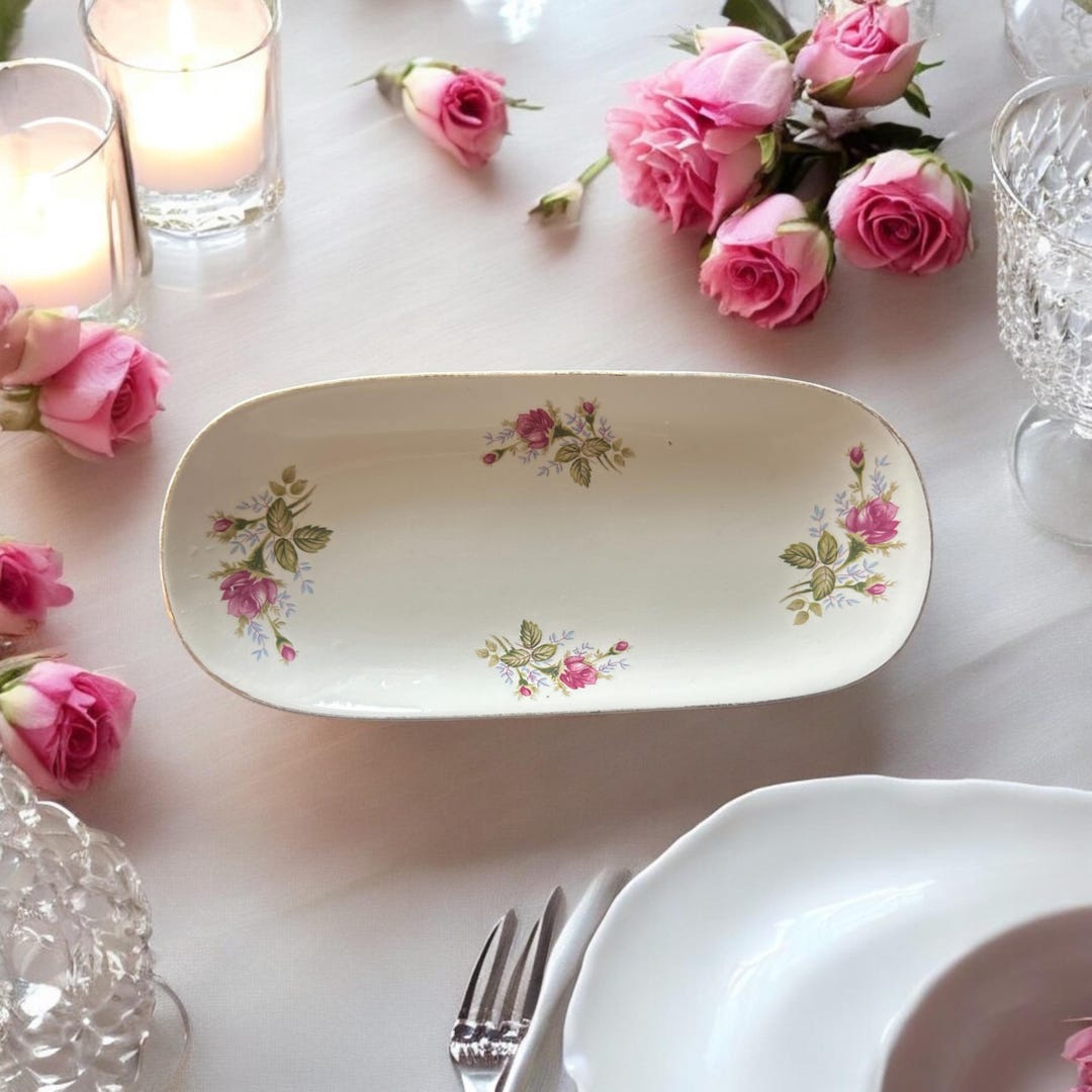 Oblong Oval Romance Red Roses Dish, Vintage Nasco Moss Rose Oblong ...