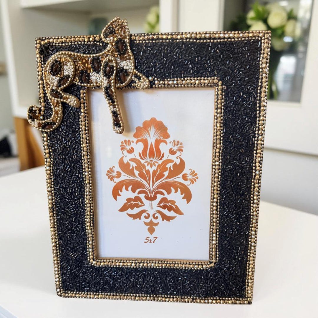Jewel of Mumbai Beaded Leopard 5x7 Picture Frame – Handcrafted Glam ...