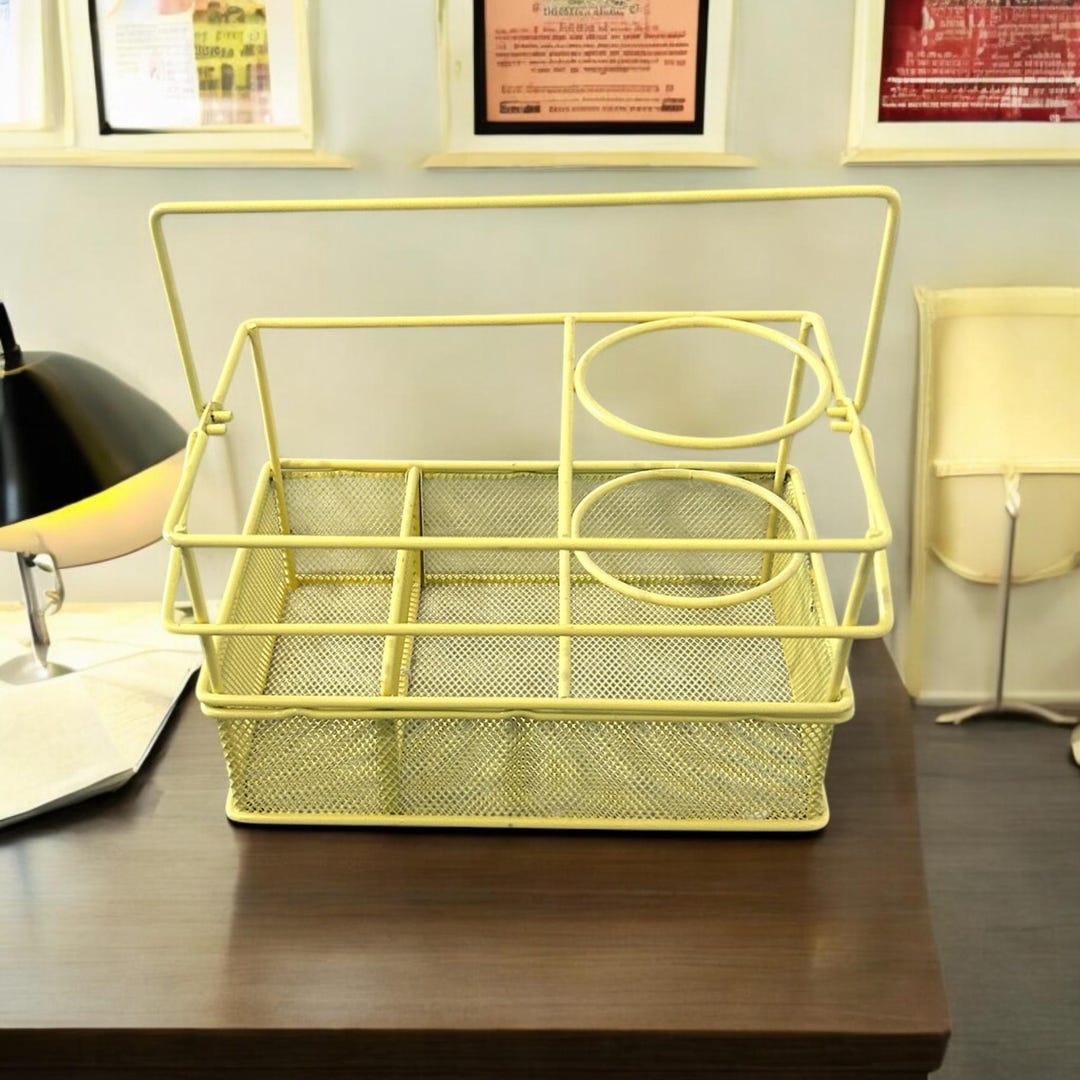 Vintage Yellow Desk Organizer, Yellow Metal Mesh Retro Stationary Art ...