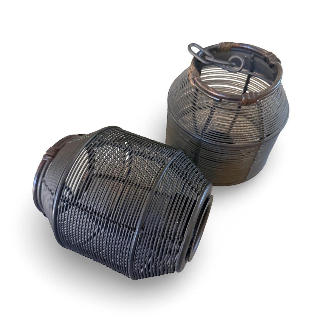 Set of 2 Black Wire Lanterns – Hanging Candle Holders, Rustic Rattan ...