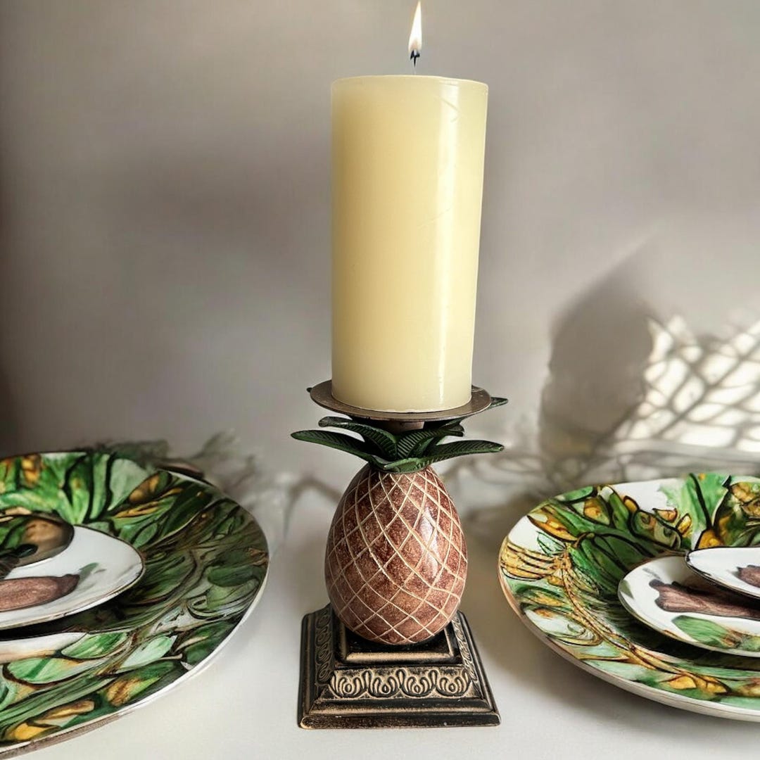 Pineapple Candle Holder, Carved Stone Pineapple Brass Leaves Candle Holder, Tiki Bar, Hawaiian ...