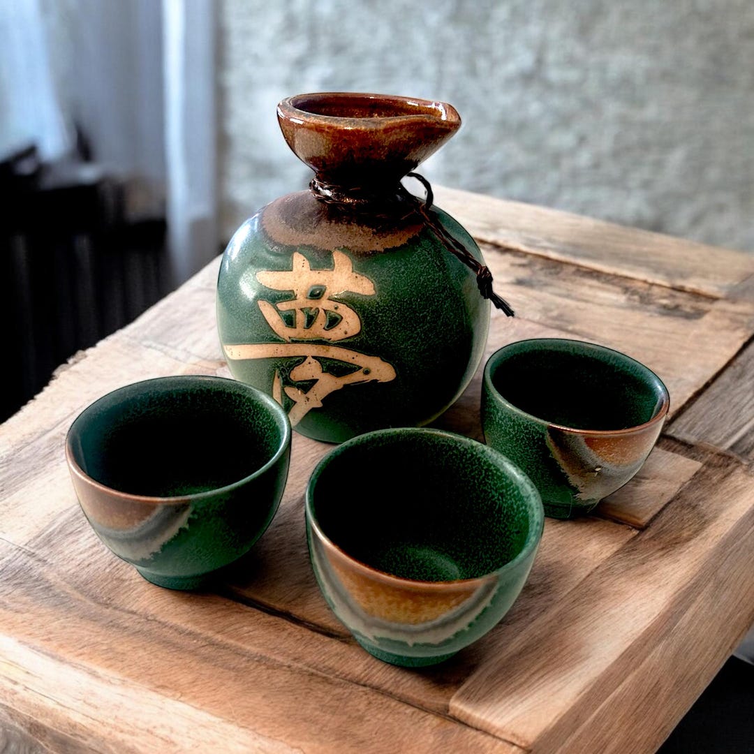 Traditional Japanese Ceramic Stoneware Round Sake Jug Green With Thumb ...