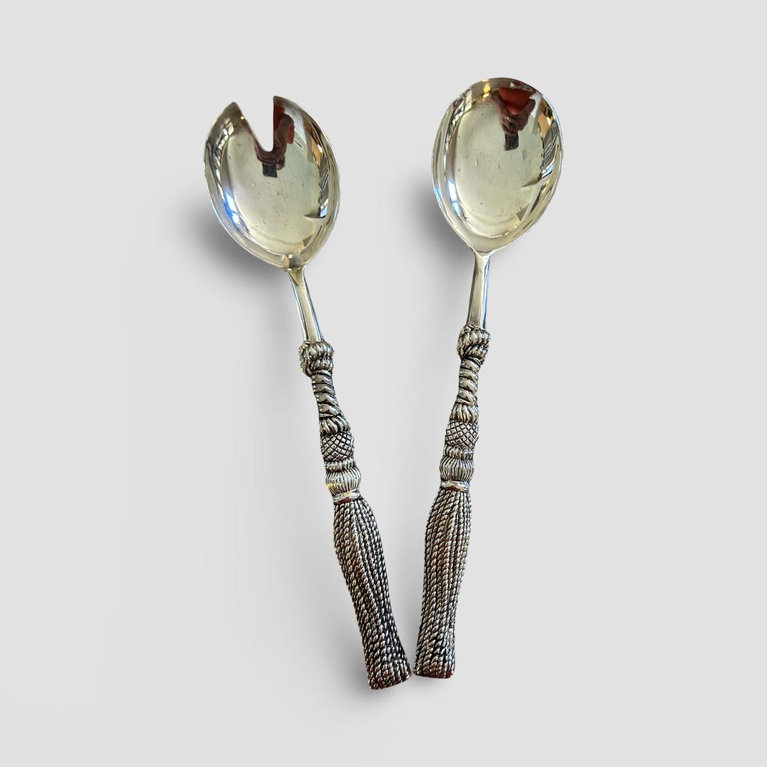 Vintage Silea Silver Plated Salad Serving Spoon & Fork Set With Braided ...