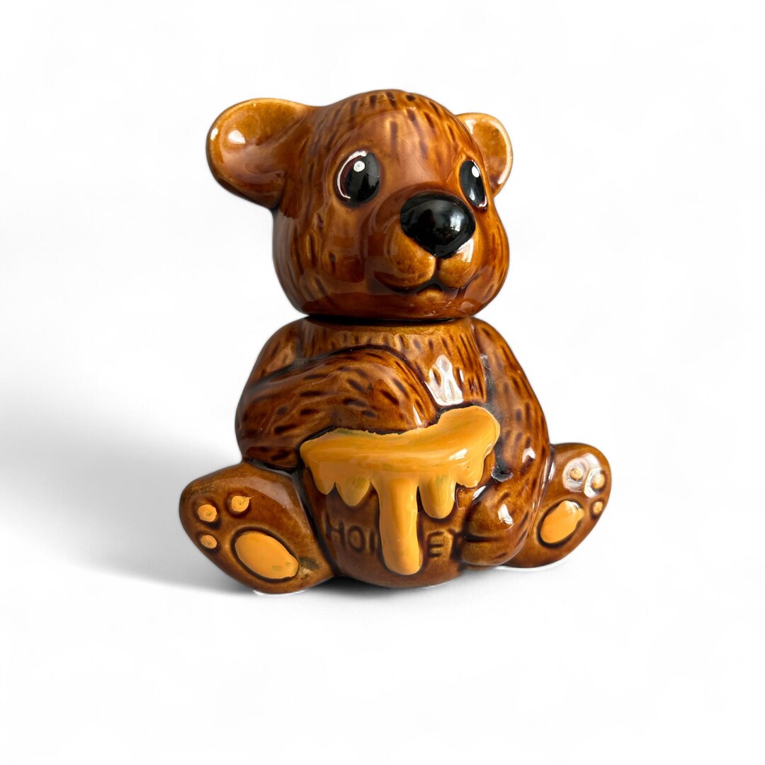 Vintage 80s Ceramic Bear Honey Pot Jar Hand Painted , Ceramic Bear ...