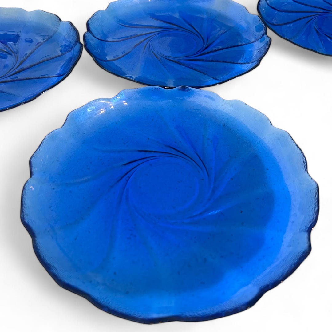 Set of (5) Vintage Arcoroc France Cobalt Blue Glass Scalloped Swirl ...