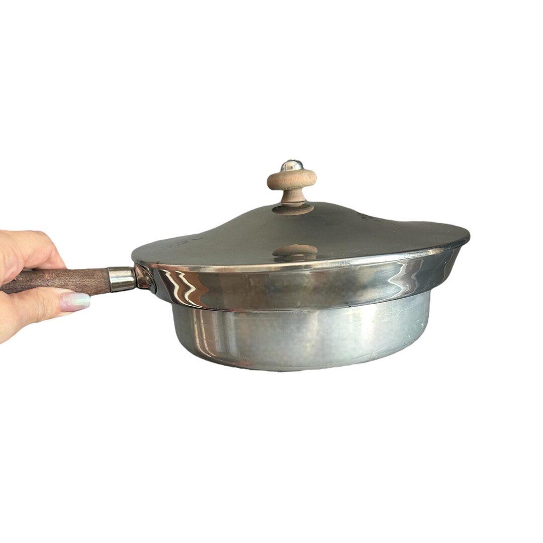Vintage Skillet Pan With Lid & Wooden Handle Aluminum Metal Mid Century ...