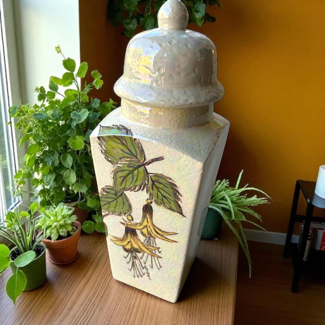 SPECTRUM Ginger Jar, Yellow Floral Pearlescent Glaze, Butterflies ...