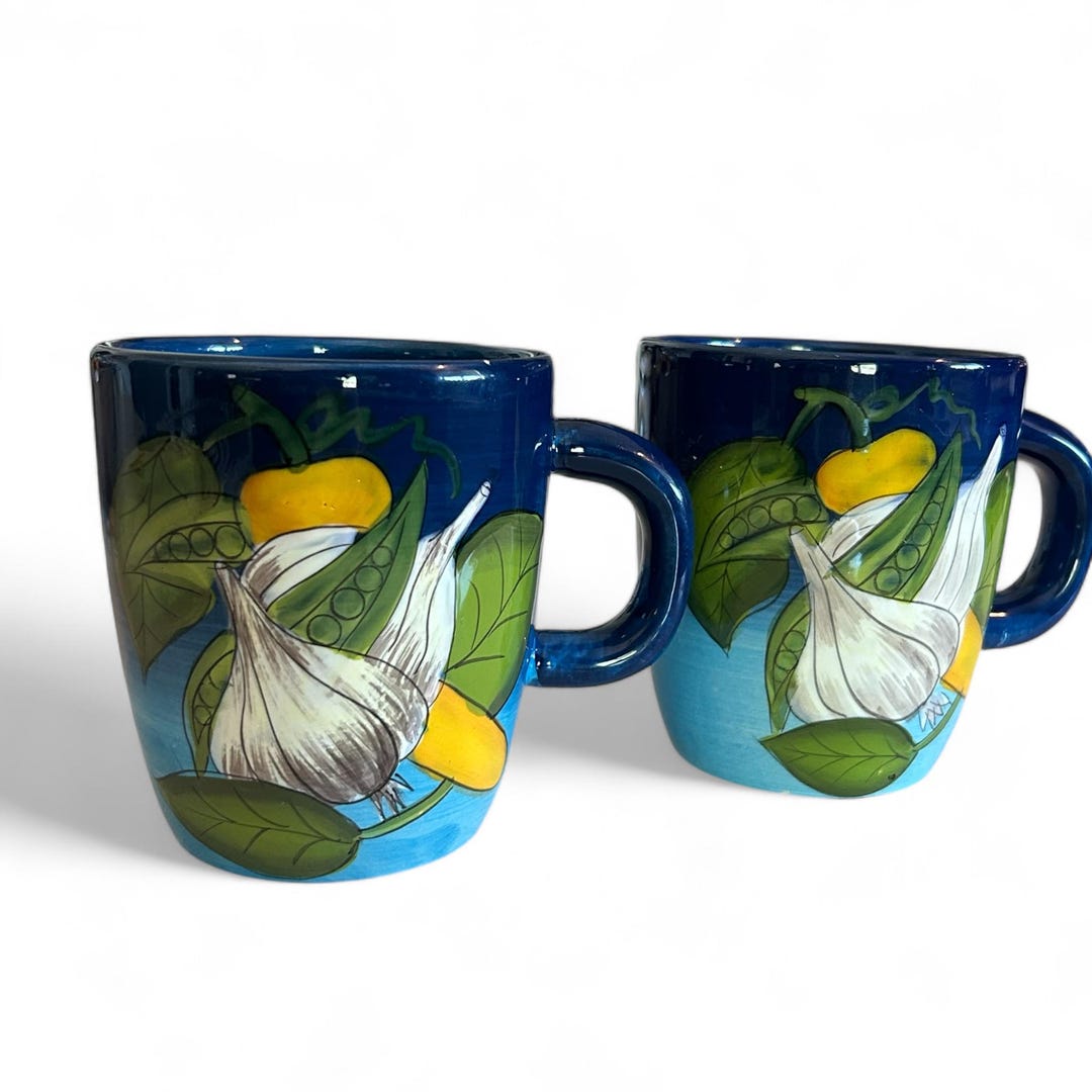 Lot of 2 Laurie GATES WARE Coffee Mugs Cups Leaves Fruit & Vegetables ...