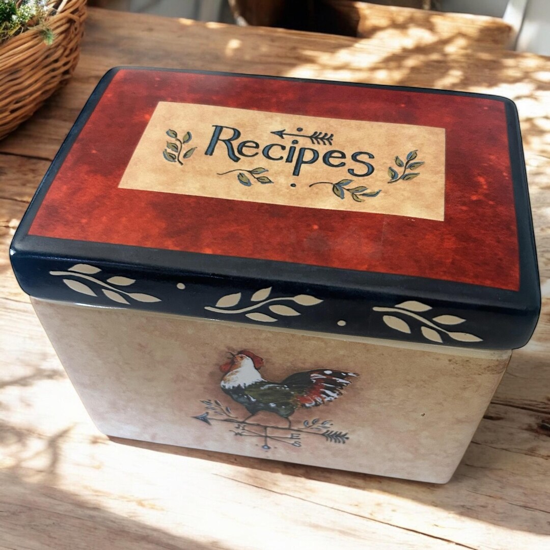 Recipe Box French Country Red Rooster Ceramic Farmhouse Kitchen Decor ...