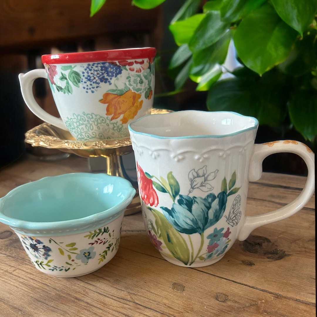 3 Pieces Pioneer Woman Coffee Mugs and Small Dish Bowl, Blooming ...