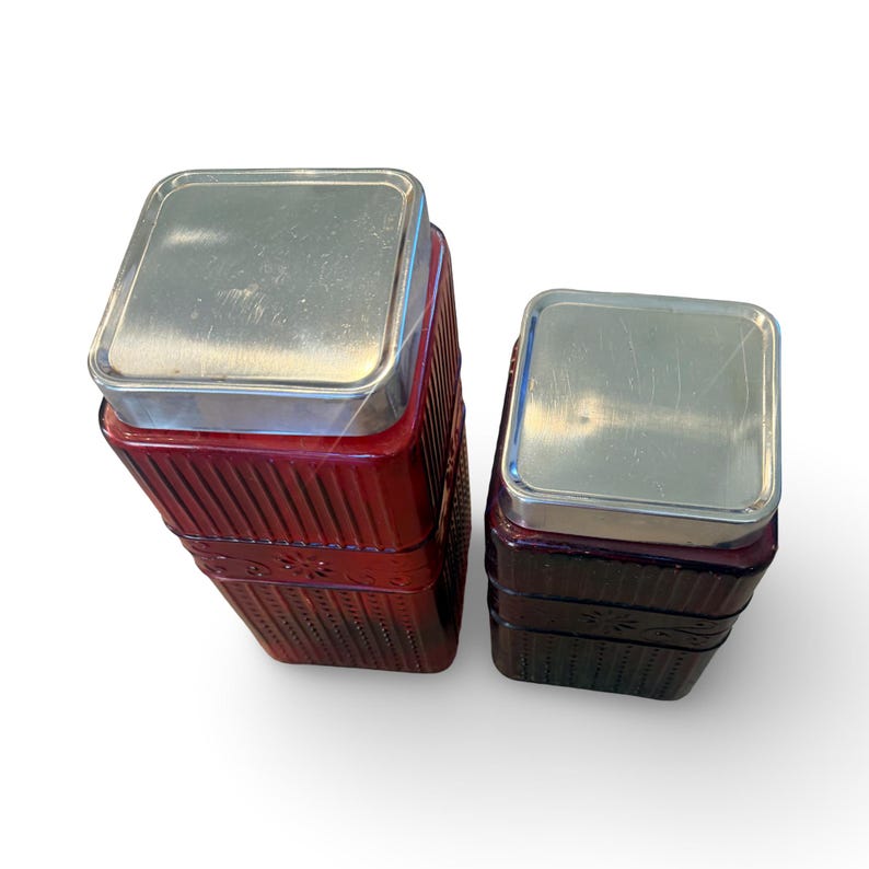 Vintage 1970s Ruby Red Glass Canister Set With Chrome Lids | Floral ...